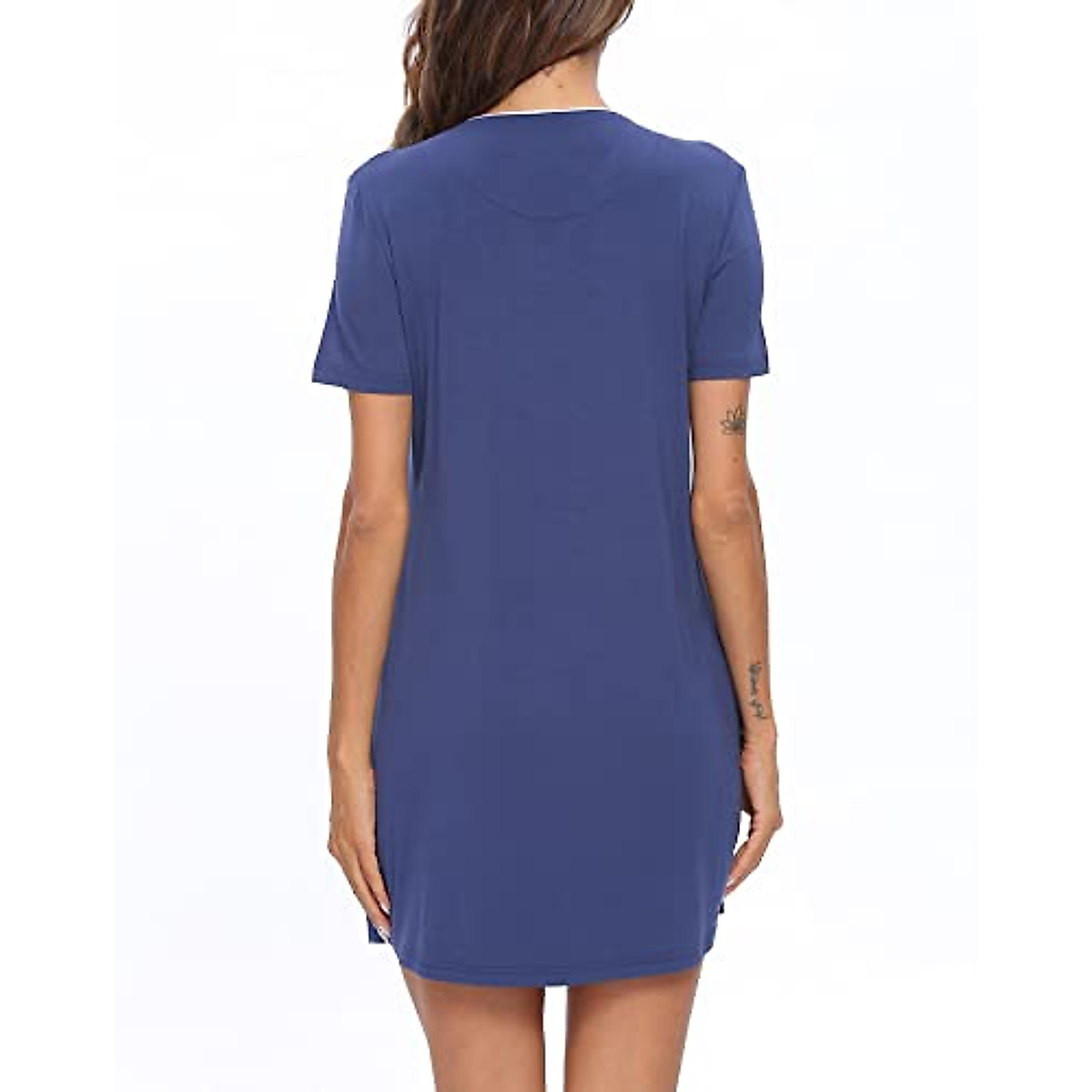 SWOMOG Women's Button Down Nightgown Short Sleeve Nightshirt V-Neck Sleepwear Boyfriend Sleepshirt Pajama Dress