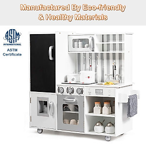 Costzon Kids Kitchen Playset, Wooden Pretend Chef Cooking Set with Simulated Sound, Accessory Utensils, Fringe, Blackboard, Water Dispenser, Oven, Sink, Toddler Kitchen Toy Set Gift for Boys Girls 3+