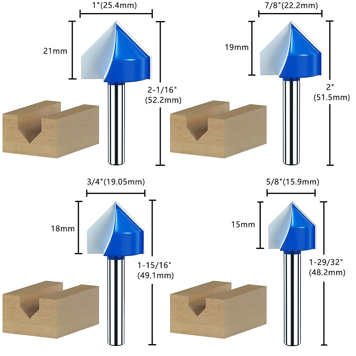 Vipbhtool 1/4 Inch Shank 90 Degree V Groove Router Bit Set Solid Carbide Double Flute CNC Engraving V Groove Router Bit Woodworking Tool- 1/4" 5/16" 3/8" 1/2" 5/8" 3/4" 7/8" 1" Cutting Diameter