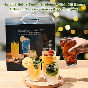 ISMASOAN Ribbed Glassware Set of 12, Glass Cups 12 oz and 7 oz, Ribbed Glasses, Fluted Glassware, Ribbed Drinking Glasses, Drinking Glasses, Ripple Glassware, Mixed Drinkware Sets
