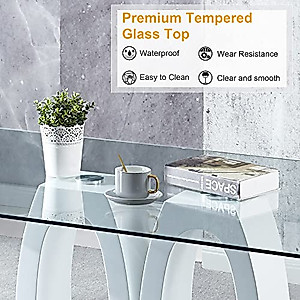 Pvillez Glass Dining Table for 6 People, 63" Modern Glass Dinner Kitchen Table for Dining Room Kitchen, Rectangular Glass Top Dining Table with White High Gloss Dual Oval Base Pedestal Dining Table