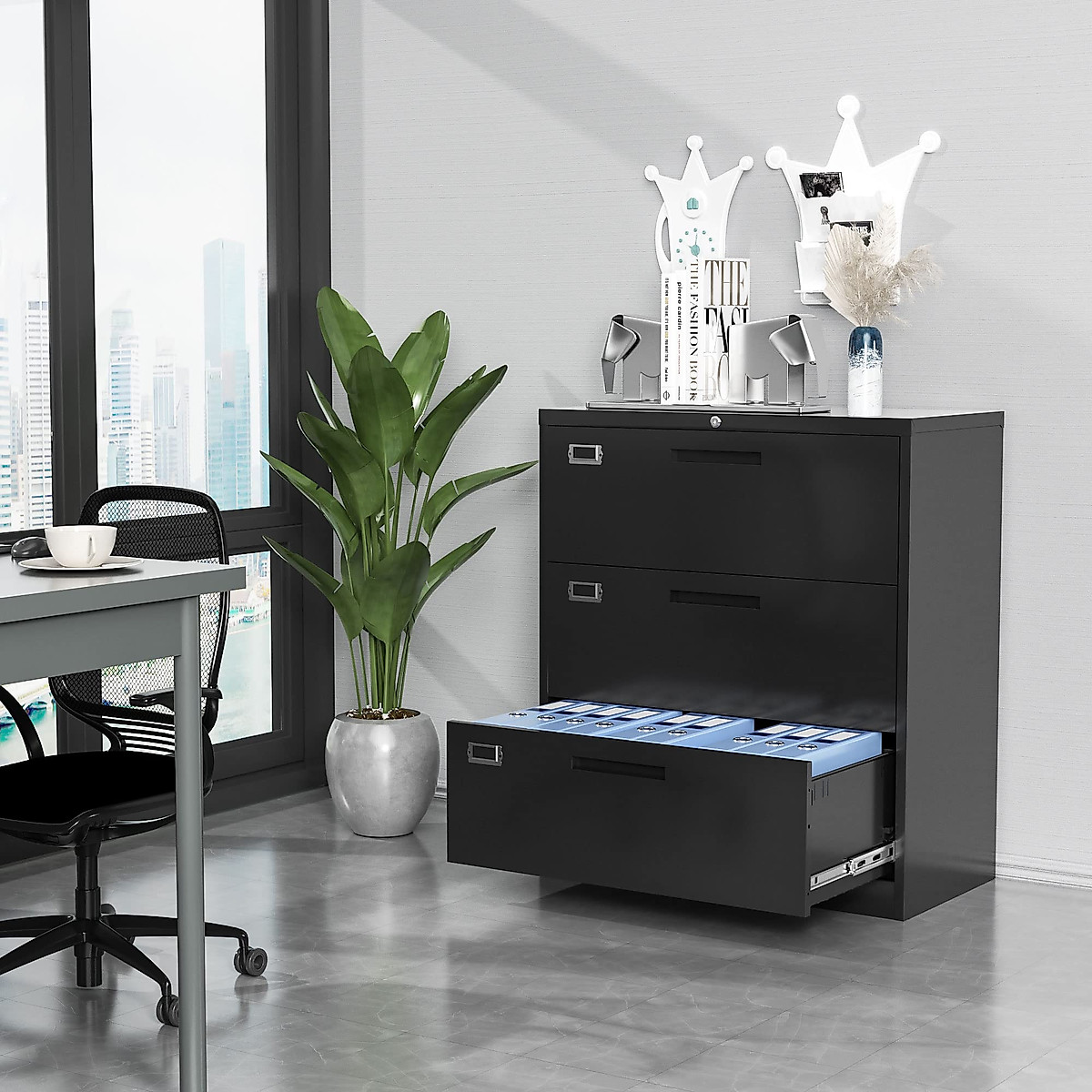 LISSIMO Lateral File Cabinet with Lock, 3 Drawer Metal Storage Filing Cabinet for Hanging Files Letter/Legal/F4/A4 Size, Vertical Files for Home Office (Black)