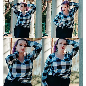 CARCOS Womens Plus Size Tops Checkered Long Sleeve Shirts V Neck Pullover Tunics Casual Black White Sweatshirts 5XL 26W 28W