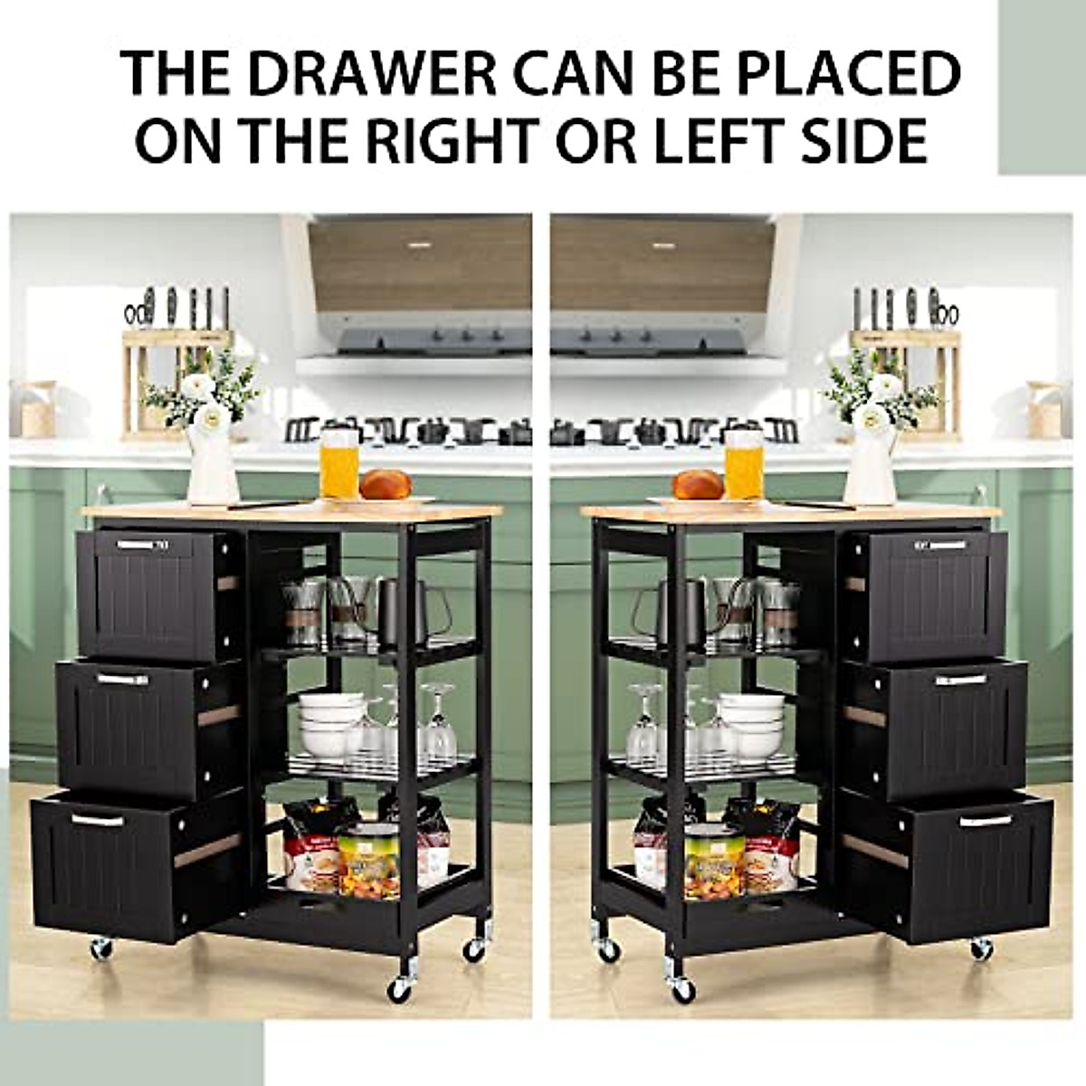 GOFLAME Kitchen Island Cart on Wheels with Storage, Versatile Rolling Cart with Wood Countertop, 3 Drawers, Removable Tray & Lockable Casters, Mobile Serving Trolley for Kitchen, Dining Room, Black