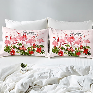 Merry Christmas Bedding Set Queen Size,Pink Flamingo Cartoon Bird Animal Duvet Cover Set for Children Adult,Winter Snowflake Green Leaves Soft Comforter Cover for Dorm Room, Zipper, Ties