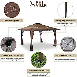 PHI VILLA 13'x13' UV Block Sun Shade Gazebo Canopy with Hardware Kits, Gazebo Shade for Patio Outdoor Garden Events, Brown