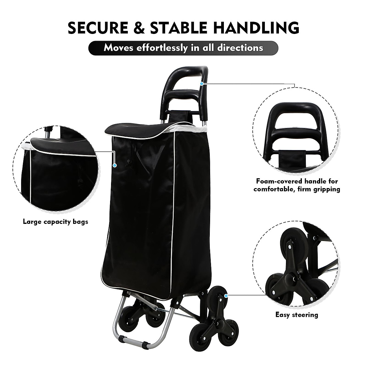 Shopping Truck Stair Climber Folding Grocery 6Wheels Cart Foldable Shopping Bag Hand Truck 37 inch Handle Height Storage 13.77'’x11''x37'' (BK)
