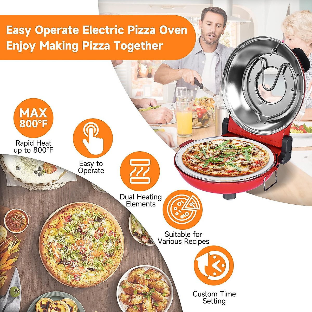 Upgrade Davivy 12" Indoor Electric Pizza Oven with Timer & Stone & Grill Pan, Countertop Pizza Oven Heats up to 800˚F, Portable Indoor Pizza Oven Cooker Countertop, Electric Indoor Pizza Cooker -Red