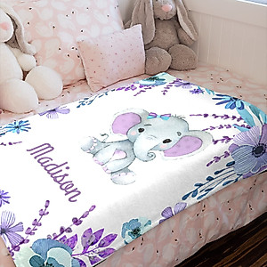CADE Custom Baby Blanket with Name for Girls Personalized Baby Blanket Purple Floral Blankets Cute Elephant Blankets for Girls Customizable Baby Blanket Newborn Essentials Gifts - 30x40 inch