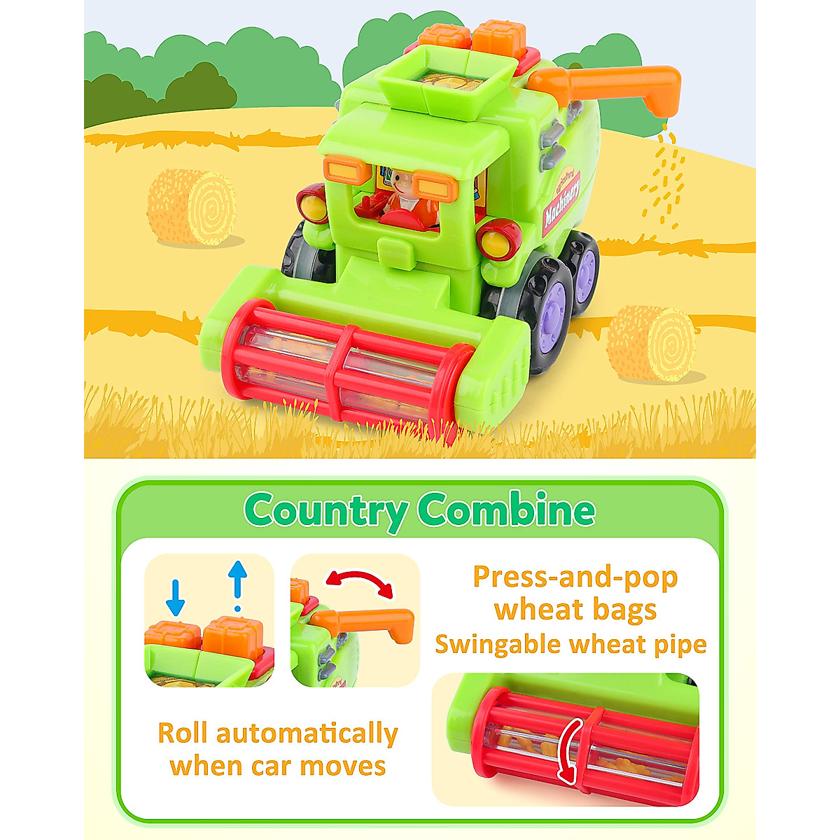 Coogam Friction Powered Cars 3 Pack Construction Vehicles Toys Set of Harvester,Sweeper,Cement Mixer Trucks for Year Old Kids Gifts