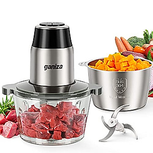 GANIZA Food Processors, Electric Food Chopper with Meat Grinder & Vegetable Chopper - 2 Bowls (8 Cup+8 Cup) with Powerful 450W Copper Motor - Includes 2 Sets of Bi-Level Blades for Baby Food/Meat/Nuts