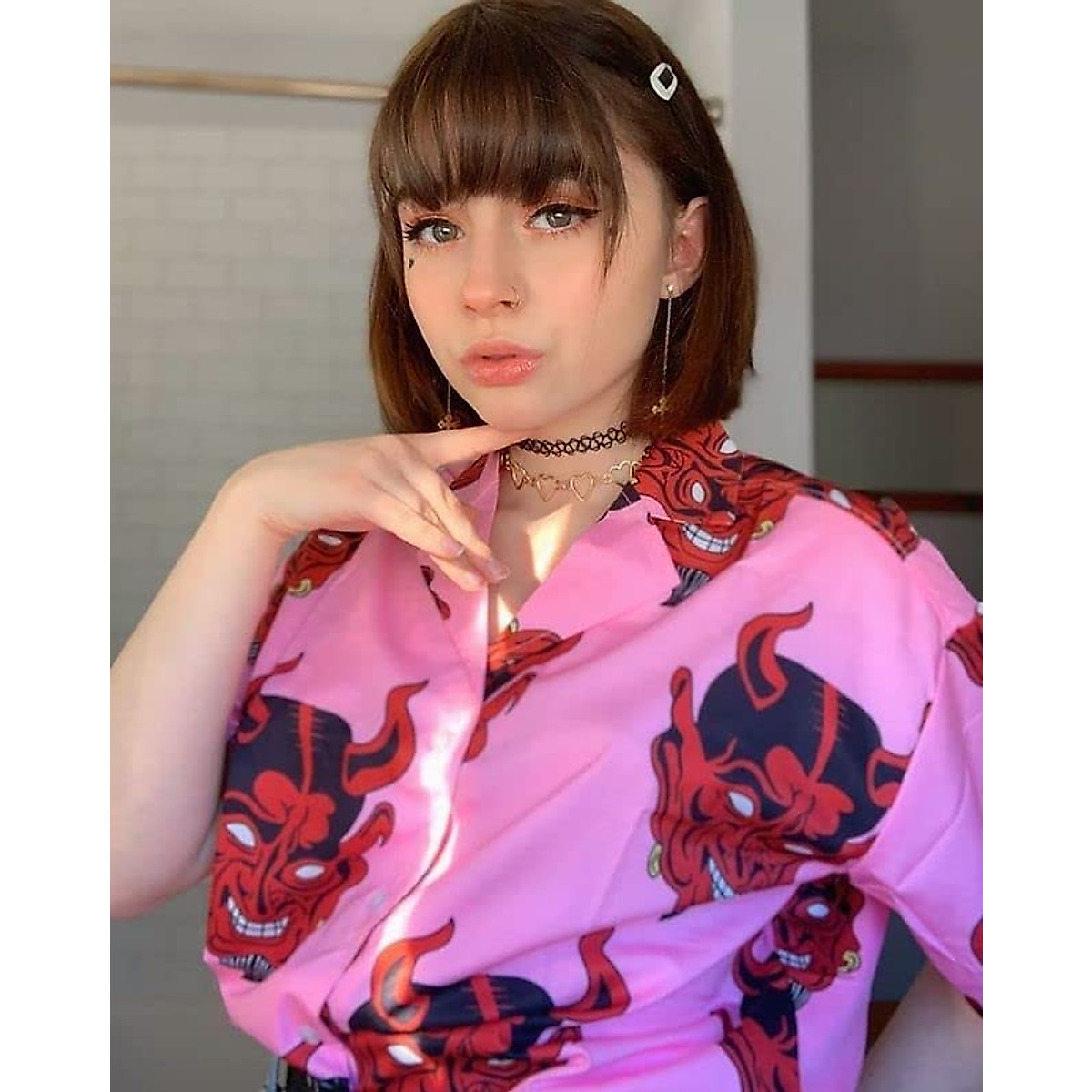 Aelfric Eden Oversized Graphic Printed Shirts Casual Button Down Short Sleeve Tees Summer Streetwear Tops Pink