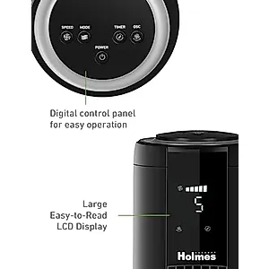 HOLMES 42" SmartConnect WI-FI Digital Tower Fan, ClearRead Display, Alexa Voice Control, 90° Oscillation, 5 Speeds, 4 Modes, 8-Hour Timer, Home, Bedroom or Office, Remote Control, Matte Black