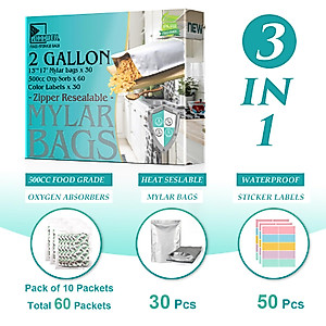 30pcs 2 Gallon Mylar Bags for Food Storage (15 Mil Extra Thick) with Oxygen Absorbers 400CC (60 pcs) , Stand-Up Zipper Pouches Resealable and Heat Sealable Bags for Long Term Food Storage(13"x17")
