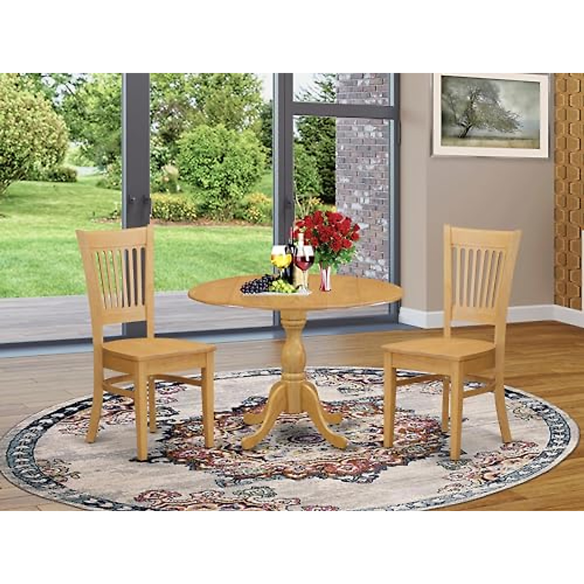 East West Furniture DMVA3-OAK-W 3 Piece Dinette Set for Small Spaces Contains a Round Dining Table with Dropleaf and 2 Dining Room Chairs, 42x42 Inch, Oak