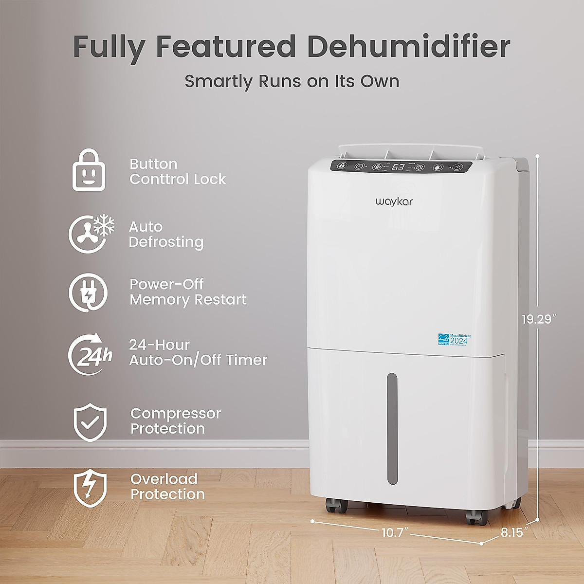Waykar 2000 Sq. Ft Energy Star Dehumidifier for Home and Basement with Auto or Manual Drainage, Quiet 33dB Operation, 0.6 Gallon Water Tank Capacity