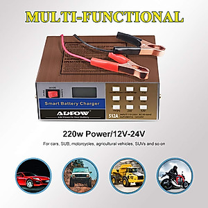 ADPOW 12 Volt Battery Charger 12V 24V 12A Automotive Smart Car Deep Cycle Battery Chargers Maintainer Intelligent Pulse Repair for Boat Marine Truck Lawn Mower with Terminal Clean Brush