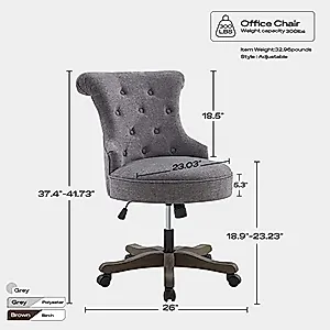 Batohom Home Office Chair Adjustable Height Swivel Chair with Wheels Linen Fabric Upholstered Computer Desk Chair with Wooden Legs Comfortable Armless Chair for Home Office Study Studio(Grey)