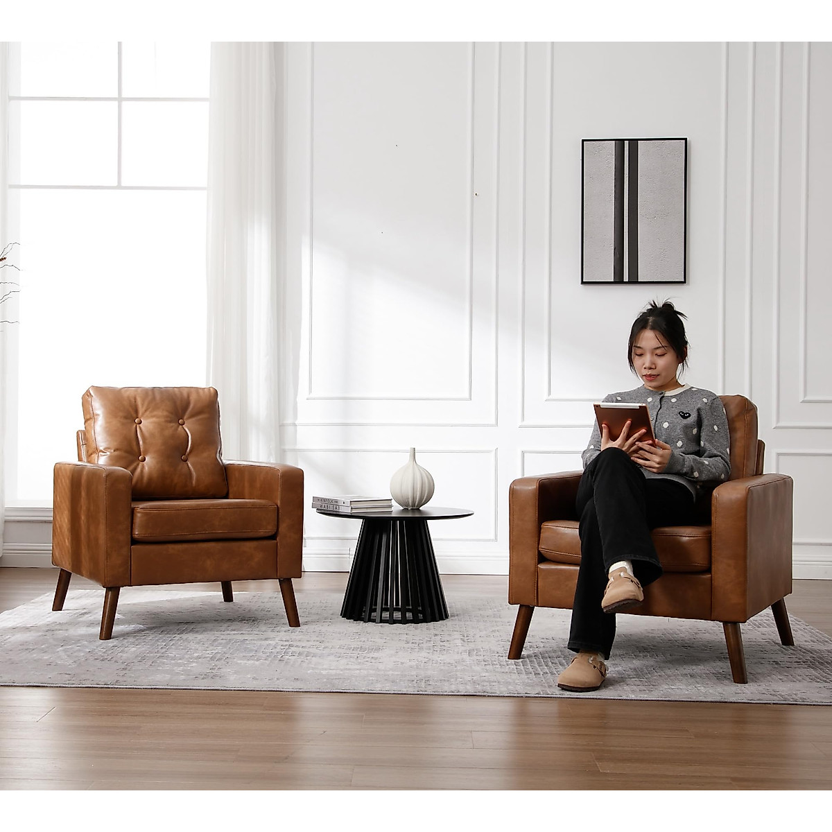 BESTANO Set of 2 Brown Faux Leather Armchair Accent Chairs, Mid Century Modern Button Tufted Accent Chair with Wood Legs, Cozy Armchair Club Chair Single Sofa for for Bedroom Living Room, Caramel