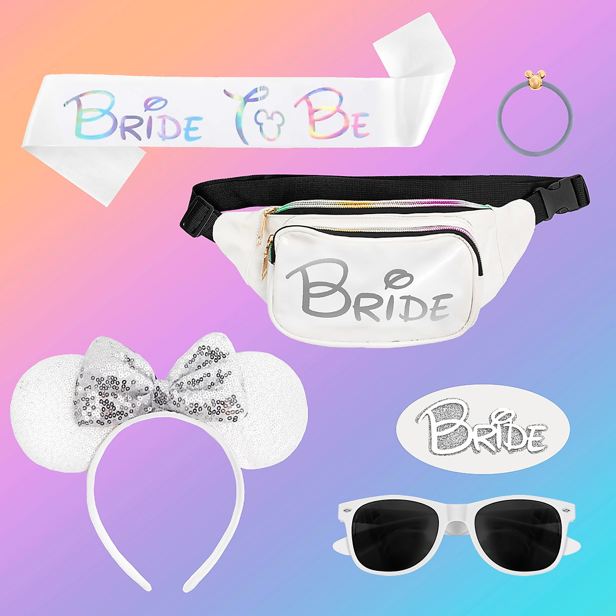 Chug Buddy Mouse Ears Set - Bride Accessories - Bachelorette Party Favors - Bride Bachelorette Outfit Accessories to Match Bachelorette Outfit for Bride - Magic Kingdom (Iridescent/White Bride, 1)