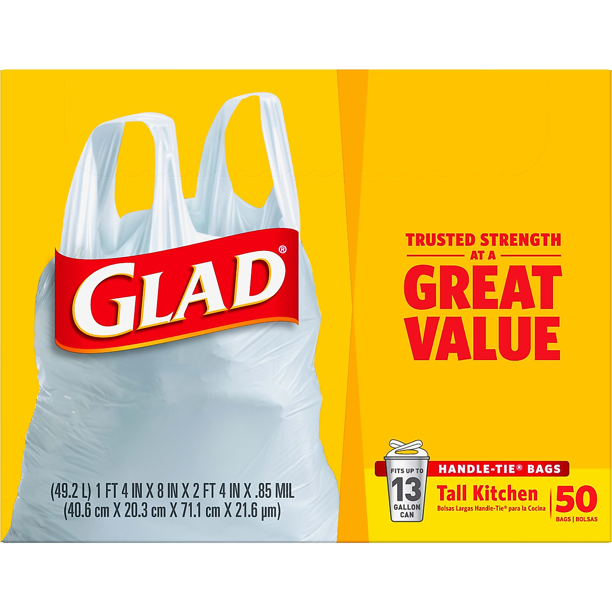 Glad® Tall Kitchen Handle-Tie® Trash Bags - 13 Gallon White Trash Bag - 50 Count (Package May Vary)
