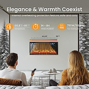 PHI VILLA 30 Inch Electric Fireplace Inserts, Wall Mounted & Recessed Electric Fireplace Heater Low Noise with Remote Control, Timer, Touch Screen, Adjustable Flame Color, 1500W (Black)