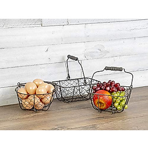 All-Purpose Display Baskets in 3 Shapes, Gray Metal Wire with Wood Handle, Rectangle- 5 Inches, Square- 6.75 Inches and Circle- 7.5 Inches