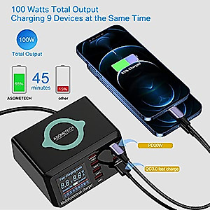 USB Charger Hub ASOMETECH 100W 8-Port Desktop Multiple USB Charging Station with PD Port, Quick Charge 3.0 USB Port, Wireless Charger, LCD Display Fast USB C Charger for iPhone 12, Tablet and More
