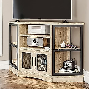 YITAHOME 50 Inches Corner TV Stand w/Power Outlet, Entertainment Center TV Media Console Table with 6 Open Storage Shelve for Living Room, Bedroom, Industrial Corner TV Stand, 47 inches White Oak