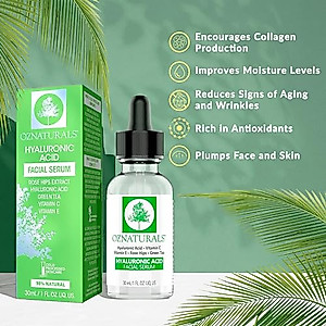 OZNATURALS Hyaluronic Acid Serum for Face - Plumping Serum, Hydrating Facial Skin Product, Natural Ingredients, Plump Fine Lines, Anti-Aging Face Serum, Organic Aloe + Rosehips Intense Moisture