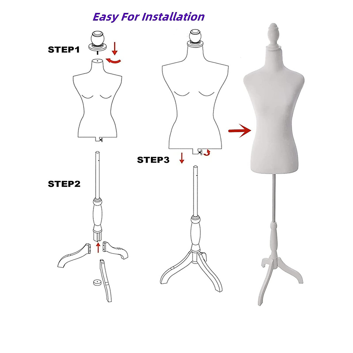 Female Dress Form Mannequin Torso with Wooden Tripod Stand 55-67 Inch Height Adjustable Mannequin Body for Sewing Counter Window Display,White