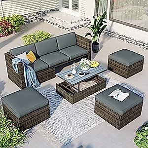 CABSETT Patio Furniture Sets, 5-Piece Outdoor Patio Wicker Sofa with Adustable Backrest and Lift Top Coffee Table, Multifunctional Rattan Sofa with Cushions and Ottomans, for Backyard Garden, Gray