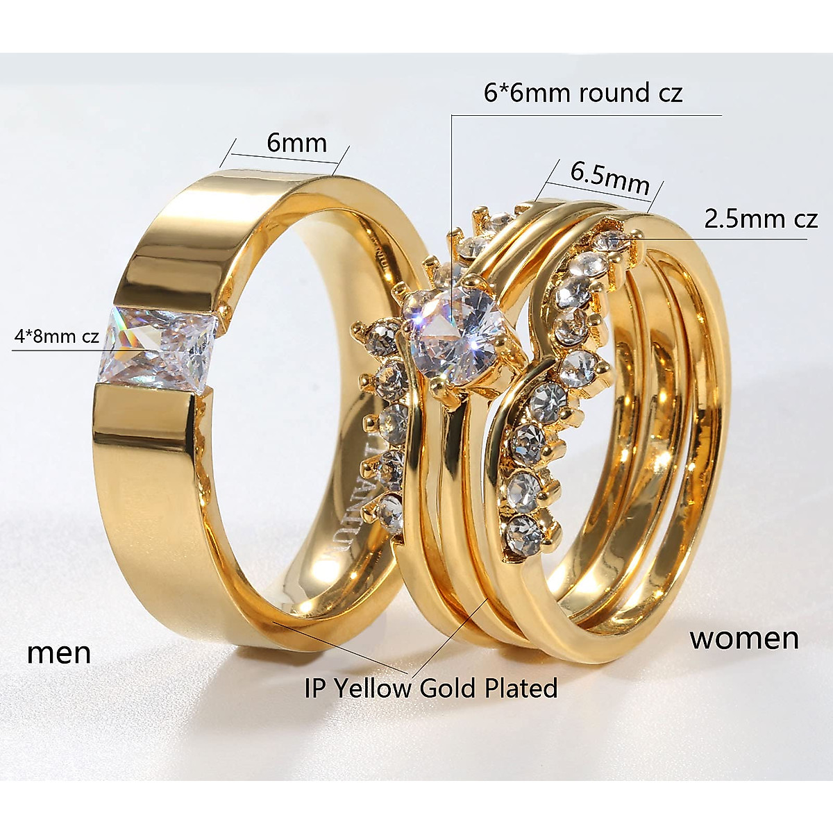 ringheart 2 Rings Couple Rings Three stone Yellow Gold Plated Cz Womens 3pcs Wedding Ring Sets Titanium Steel Men Wedding Bands