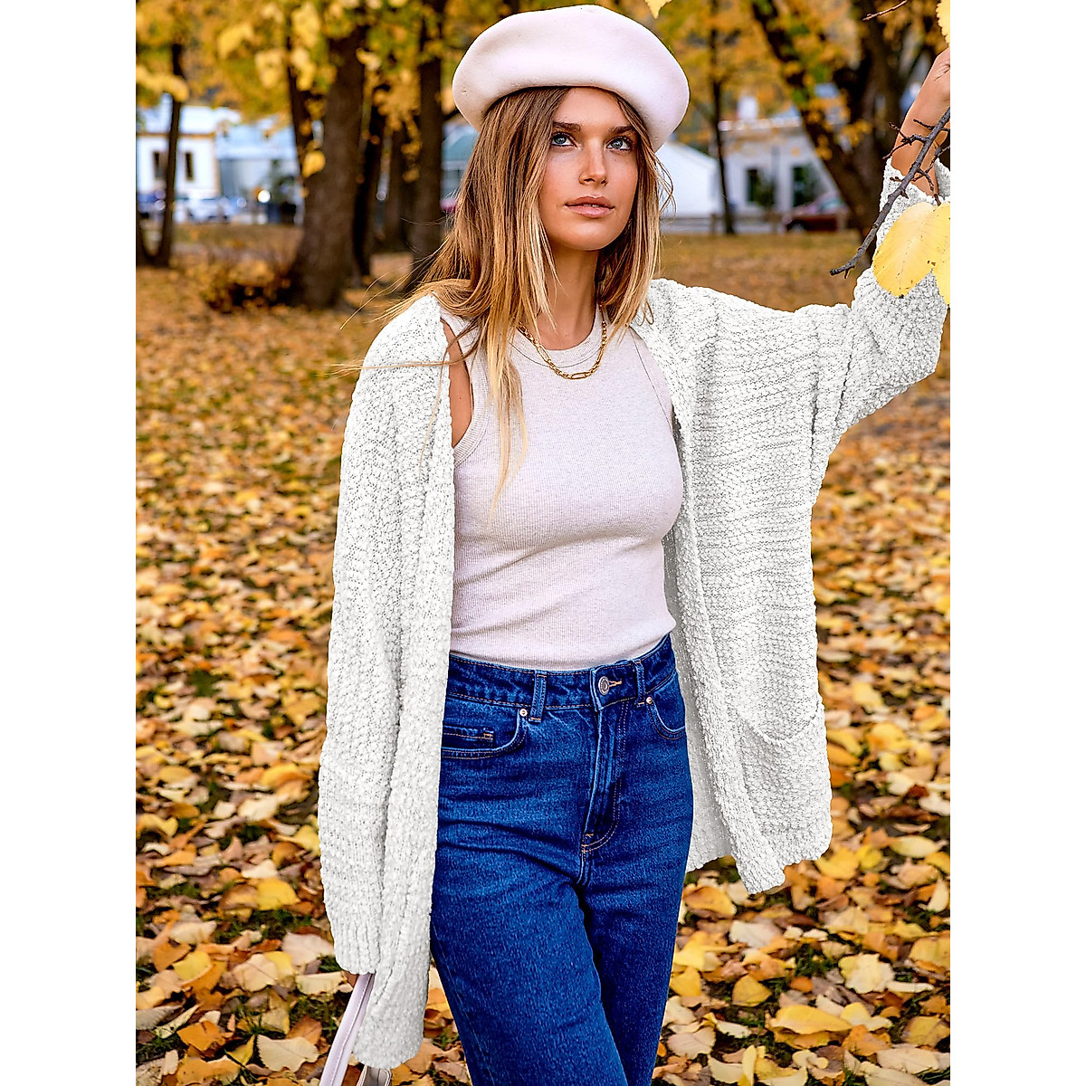 ANRABESS Women Open Front Fuzzy Batwing Sleeve Lightweight Oversized Loose Cozy Knit Cardigan Sweaters 2024 Fall Outfits White X-Large