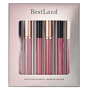 BestLand 6Pcs Matte Liquid Lipstick and Lip Liner Set, Non-Stick Cup Not Fade Waterproof Nude lipstick Makeup Kits Velvety Nude Lipliner Lip Gloss Make Up Gift Set (Set E)