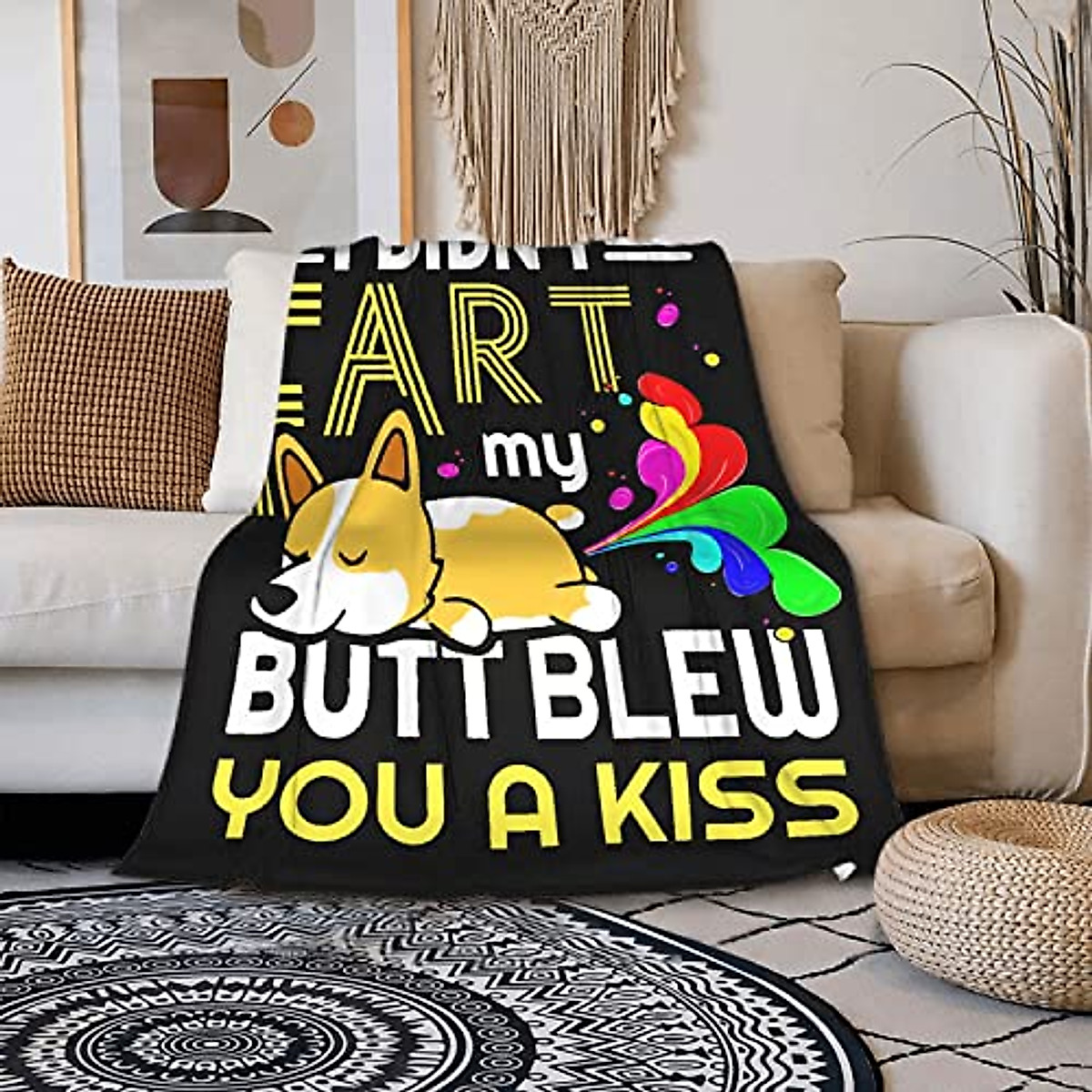 Funny Corgi Throw Blanket,Gift for Women Men Dogs Lover,I Didn't Fart My Butt Blew You A Kiss Blanket,Soft Lightweight Flannel Plush Quilt for Bed Sofa Couch 120 x 90 in Extra Large for Family