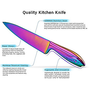 WELLSTAR Kitchen Knife Set 5 Piece, Razor Sharp German Stainless Steel Blade and Comfortable Handle with Rainbow Titanium Coated, Chef Carving Bread Utility Paring for Cutting and Peeling, Gift Box