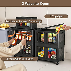 QAVABIN 80 QT Plastic Storage Bins with Lids, Large Collapsible Stackable Storage Bins with Wheels, Closet Organizers and Storage, Folding Storage Boxes with Doors Drawers for Home Garage, Black