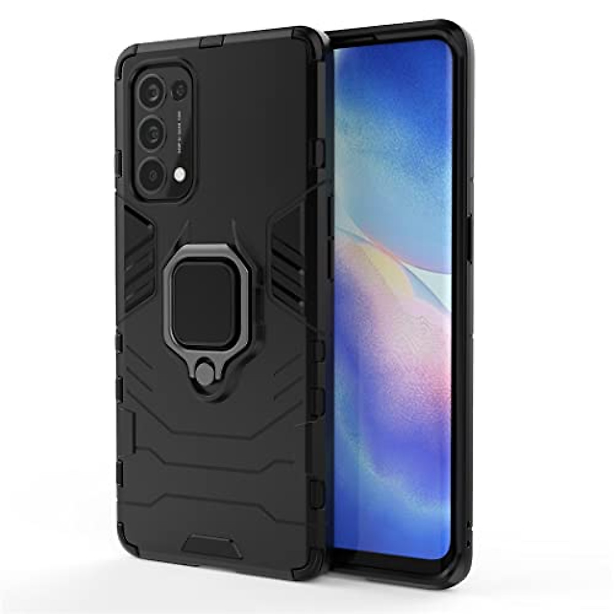 Compatible with Oppo Reno 5 Pro 5G Case, Metal Ring Grip Kickstand Shockproof Hard Bumper (Works with Magnetic Car Mount) Dual Layer Rugged Cover (Black)