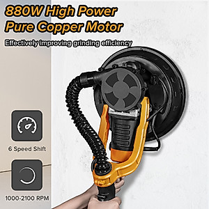Drywall Sander, 880W Electric Drywall Sander with Vacuum Dust Collection, 6 Variable Speed 1000-2100RPM, Extendable Handle, Dustless Floor Sander with 14'' Power Cord for Popcorn Ceiling, Wood Floor
