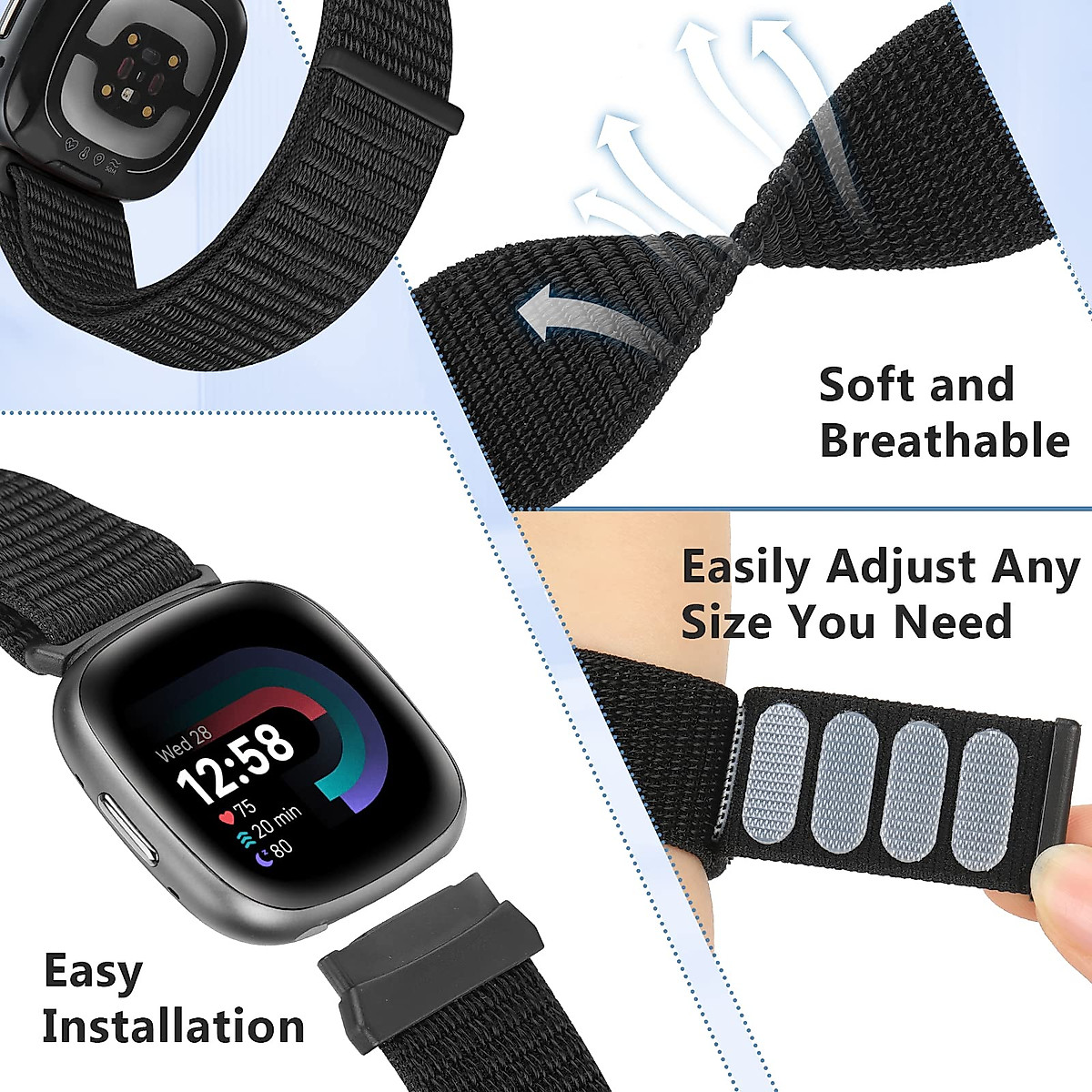 Bcuckood Nylon Loop Compatible with Fitbit Sense 2/Fitbit Sense/Fitbit Versa 4/Fitbit Versa 3 Bands, Women Men Soft Nylon Adjustable Breathable Strap Solo Loop Replacement Wristband