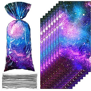 100 Pieces Outer Space Party Bags Plastic Galaxy Theme Bags Goodie Favor Bags Party Candy Bags with 100 Silver Twist Ties for Birthday Baby Shower Supplies