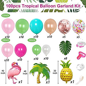 Tropical Balloons Arch Garland Kit Flamingo Pineapple Mylar Balloon Green Hot Pink Confetti Latex Balloons Palm Leaves for Hawaii Luau Aloha Flamingo Birthday Party Decorations Supplies