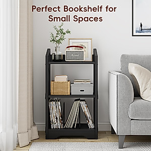 Vagusicc Bookshelf, 3 Tier Industrial Bookcase, Metal Small Bookcase, Rustic Etagere Book Shelf Storage Organizer for Living Room, Bedroom, Home Office, Small Bookshelf for Small Spaces (Black)