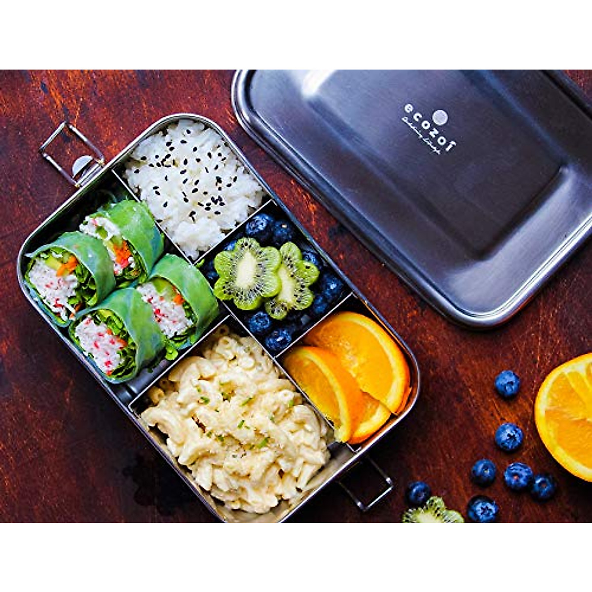 ecozoi Stainless Steel Lunch Box, 1-Tier Metal Bento Box Leak Proof with 5 Compartments, 50 Oz Metal Lunch Container, Meal Prep Food Container, with 50 ml Sauce Container