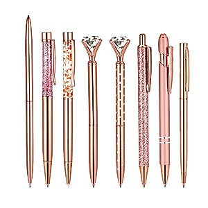 TOYMIS 8pcs Rose Gold Ballpoint Pen, Crystal Metal Rose Gold Pens Black Ink Fine Point Tip Diamond Pens Rose Gold Glitter Ballpoint Pens for Wedding Home School Office Supplies