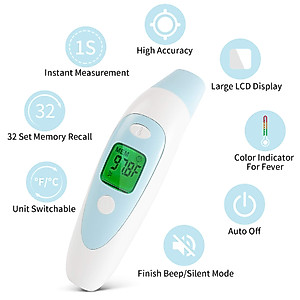 Infrared Thermometer Forehead Ear Non Contact Digital for Adults Kids Babies Fever Indicator Accurate Fast Readings Memory Function (Battery Included)