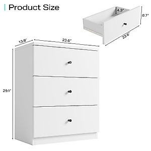 Modern 3 Drawer Dresser for Bedroom, Tall Nightstand with Conical Handles, Wood Chest of Drawers with Storage for Closet, Small Cabinet Bedside for Living Room, White