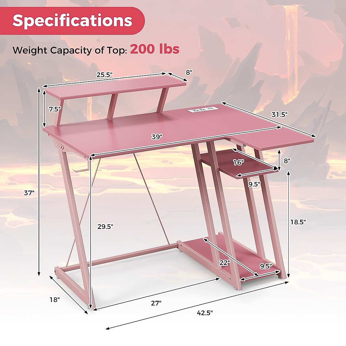 Tangkula L Shaped Gaming Desk with Power Outlets, Small Gaming Computer Desk 39inch with Storage Shelf, Corner Desk with Carbon Fiber Texture, Gamer Desk Gaming Table (Pink)