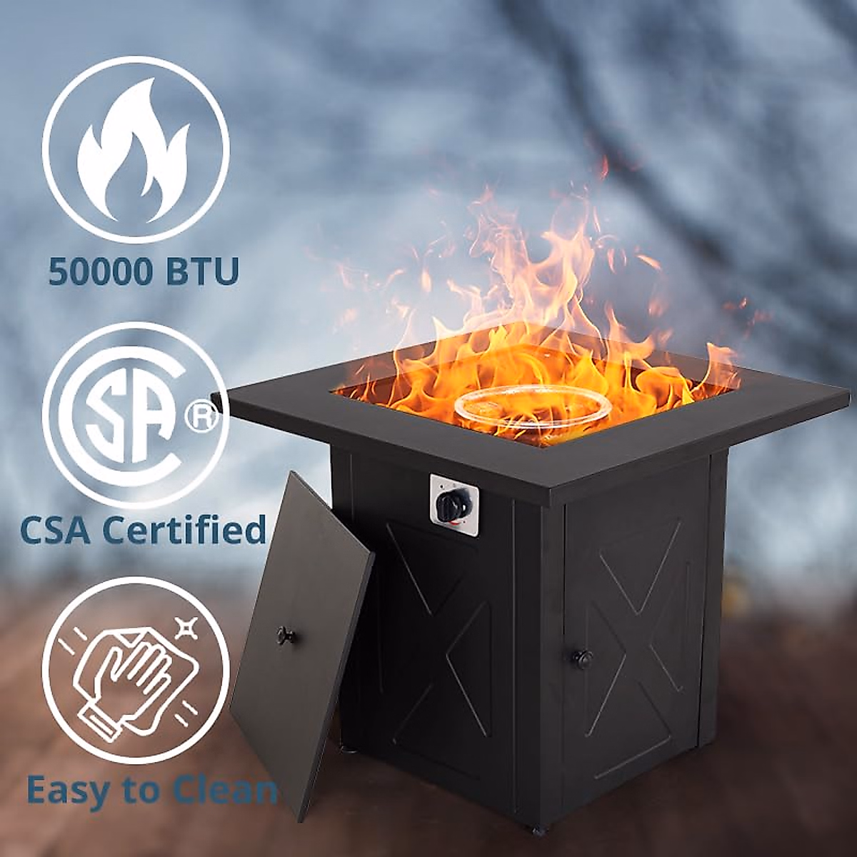 Fire Pit Table, Propane Firepit Outdoor Gas Fire Pits Clearance, 50,000 BTU with Metal Tabletop, Lid, Lava Rocks for Outside Patio, Garden, Deck, Yard